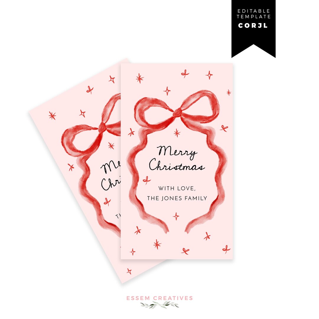 Printable Coquette Red Bow Christmas Gift Tag Template, Editable Cute ...