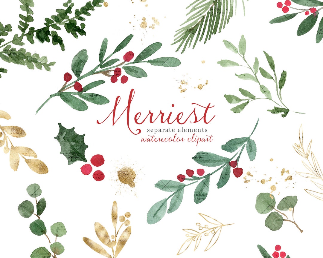 Watercolor Christmas Clipart, Christmas Leaves Foliage, Holiday Clip ...