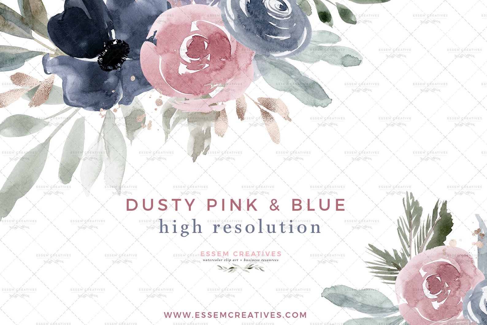 Dusty Pink and Blue Floral Watercolor Clipart Flower Frames | Etsy