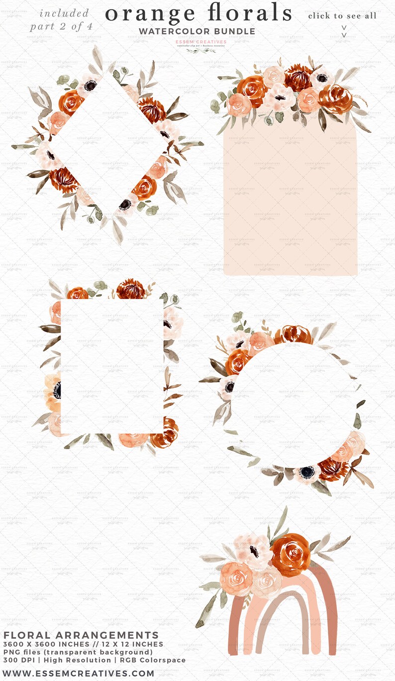 Orange Floral Clipart Boho Wreath Clipart Watercolor Floral | Etsy