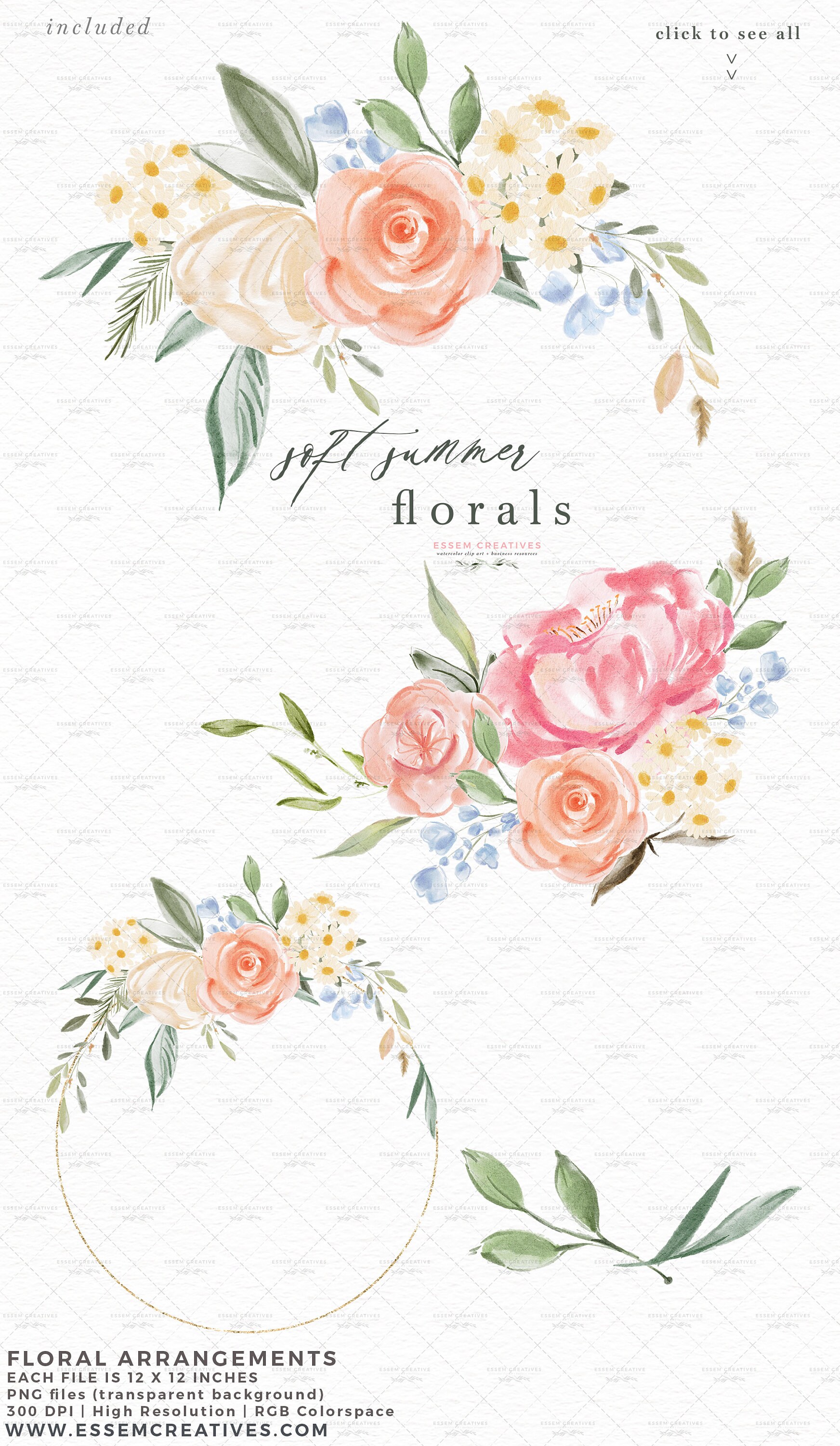 Summer Floral Wreath Clipart Boho Watercolor Flower Clip Art | Etsy