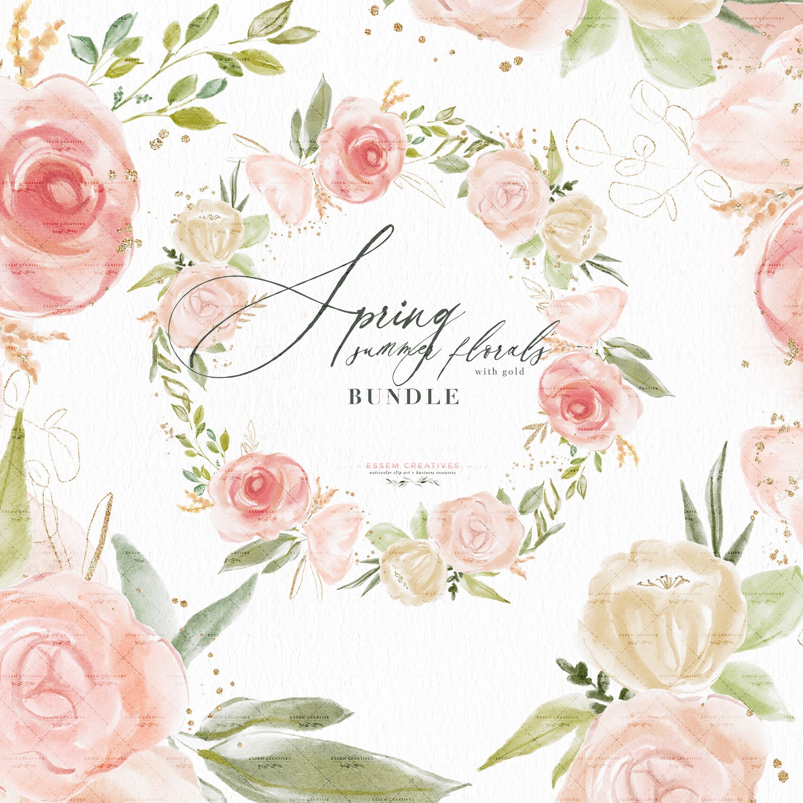 Pink Floral Gold Wreath Clipart Watercolor Clipart Boho - Etsy