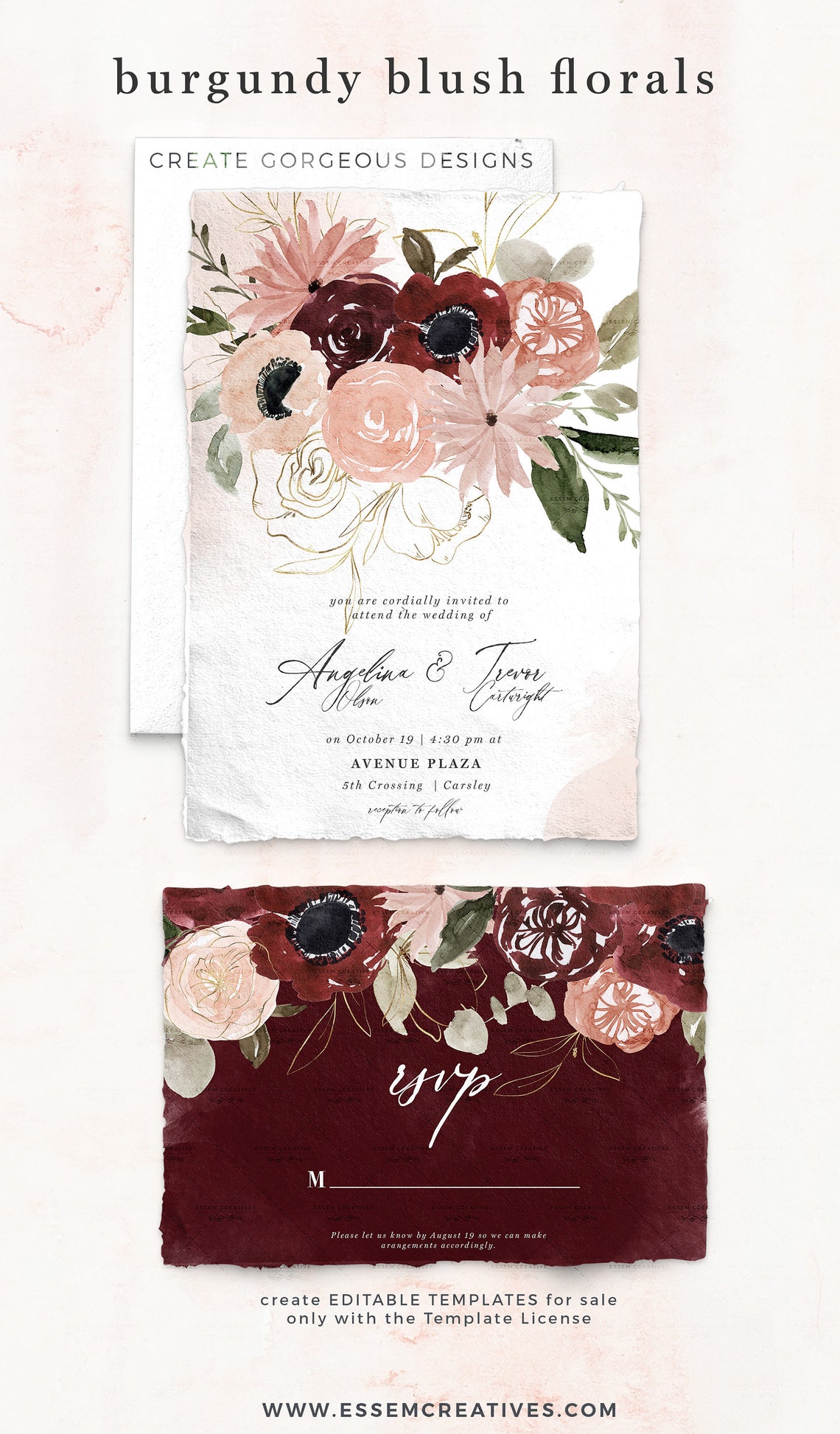 Burgundy Blush Floral Clipart Boho Wreath Clipart Watercolor - Etsy