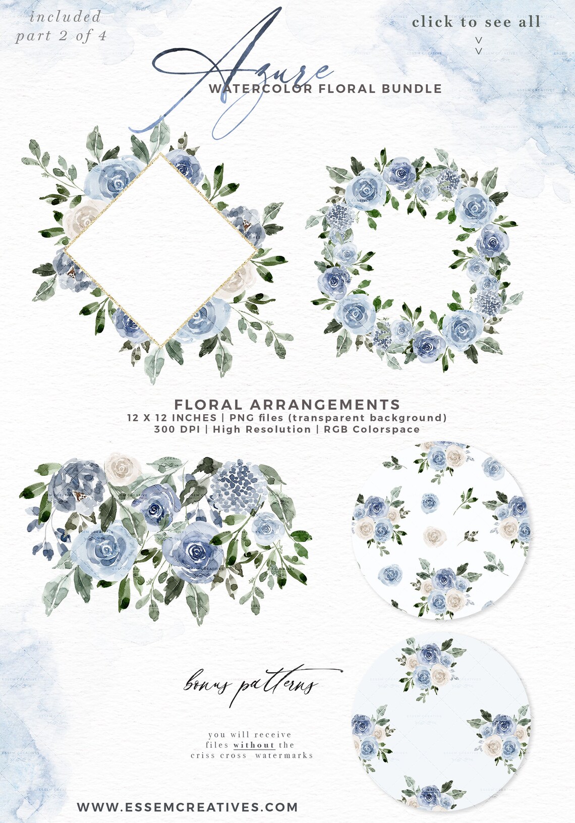 AZURE Blue Watercolor Flowers Clipart Winter Floral Clip Art - Etsy
