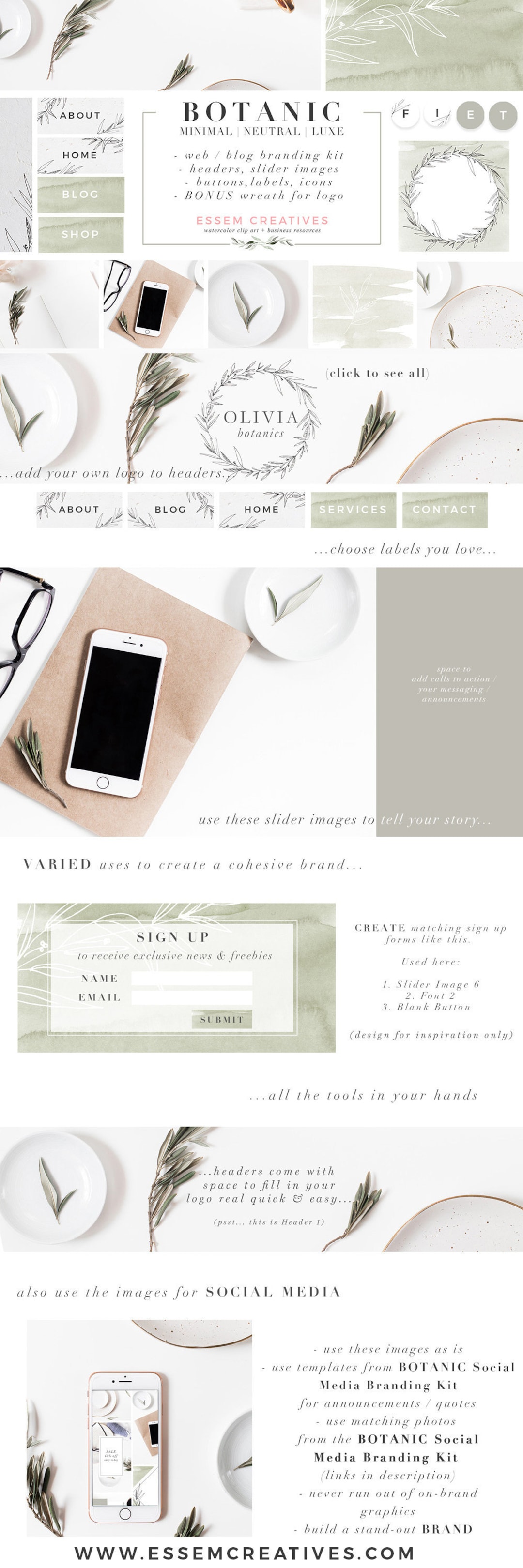 Website Branding Kit, Neutral Blog Brand Kit, Light Airy Rustic Theme ...