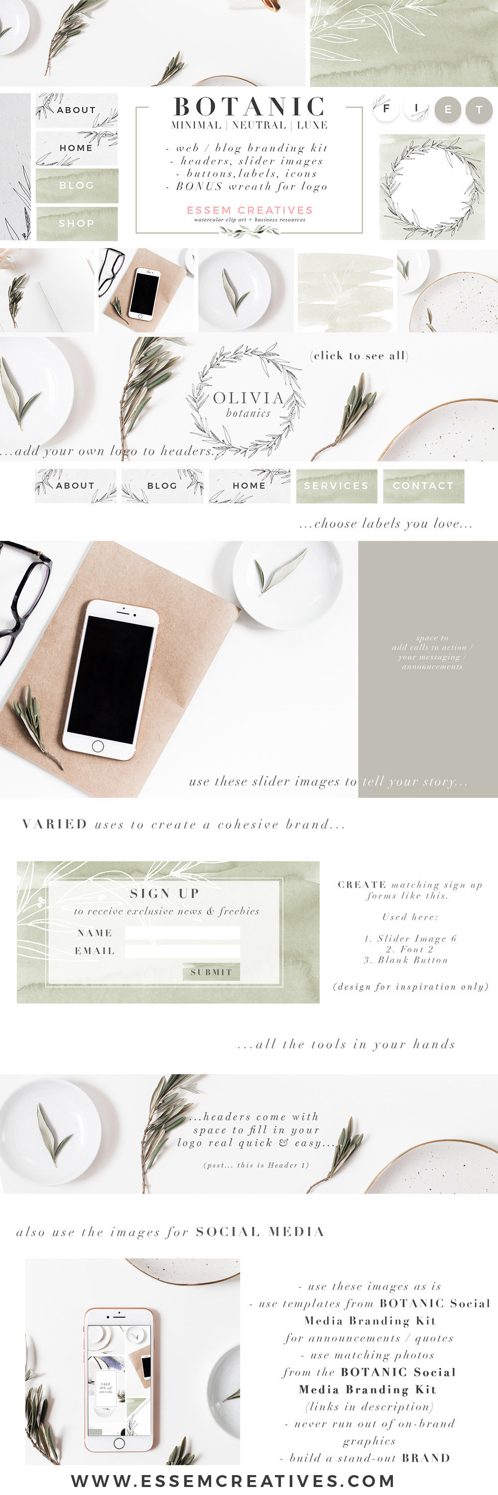 Website Branding Kit, Neutral Blog Brand Kit, Light Airy Rustic Theme ...