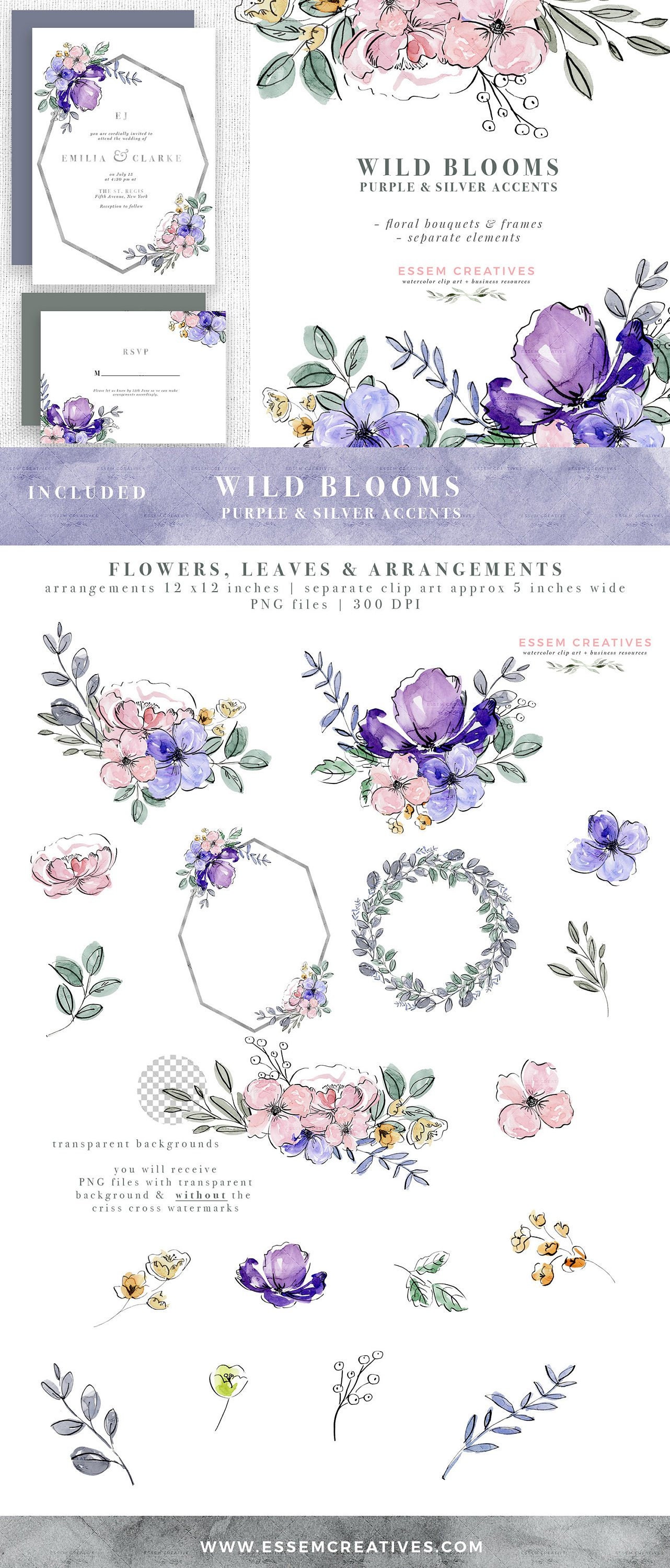 Purple Floral Clipart, Purple and Silver Watercolour Line Art Flowers ...