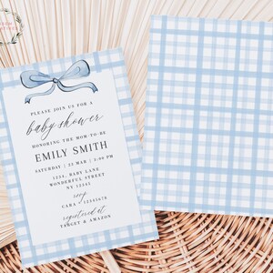 Editable Baby Blue Boy Baby Shower Invite, Gingham Bow Baby Shower ...