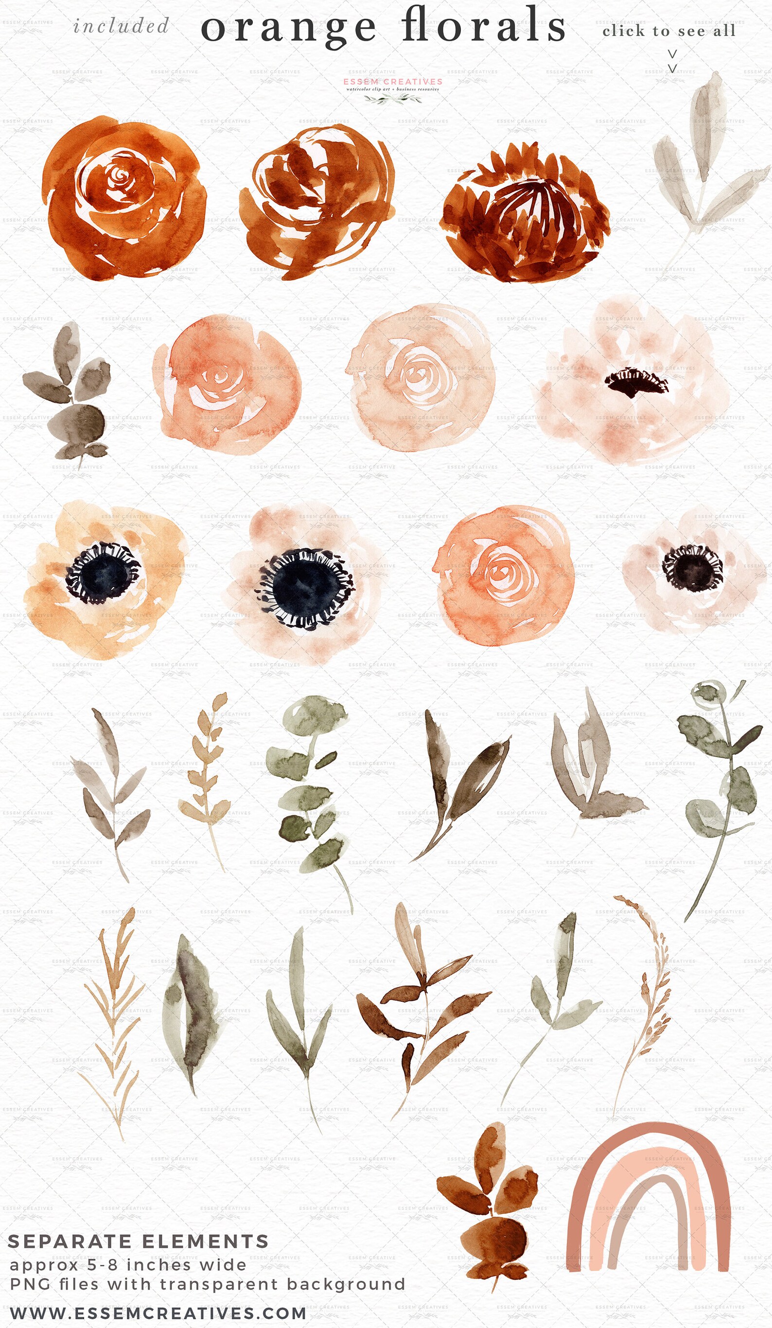 Orange Floral Clipart Boho Watercolor Flowers Clip art Orange | Etsy