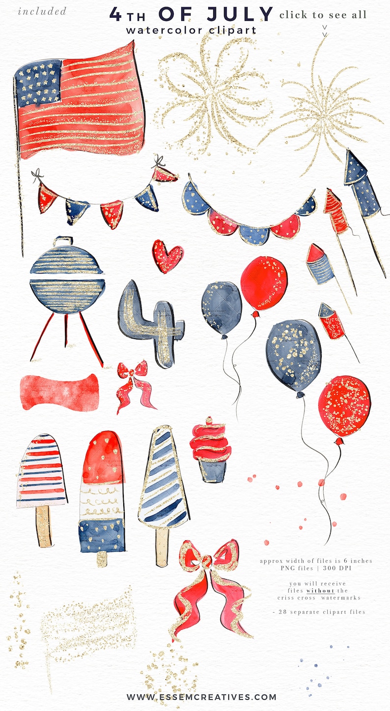 4th of July Clipart, Patriotic Clip Art, Watercolor July Fourth ...