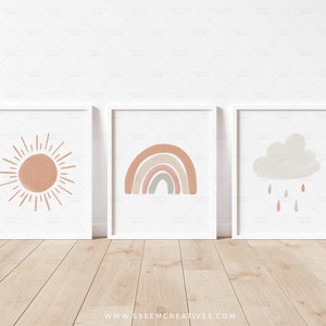 Neutral Rainbow Cloud Sun Print Set of 3 Boho Nursery Decor, PRINTABLE ...