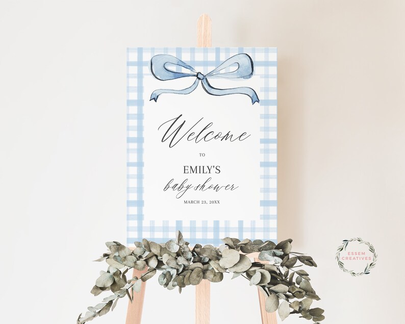 Editable Baby Blue Boy Baby Shower Welcome Sign Template, Gingham Bow ...