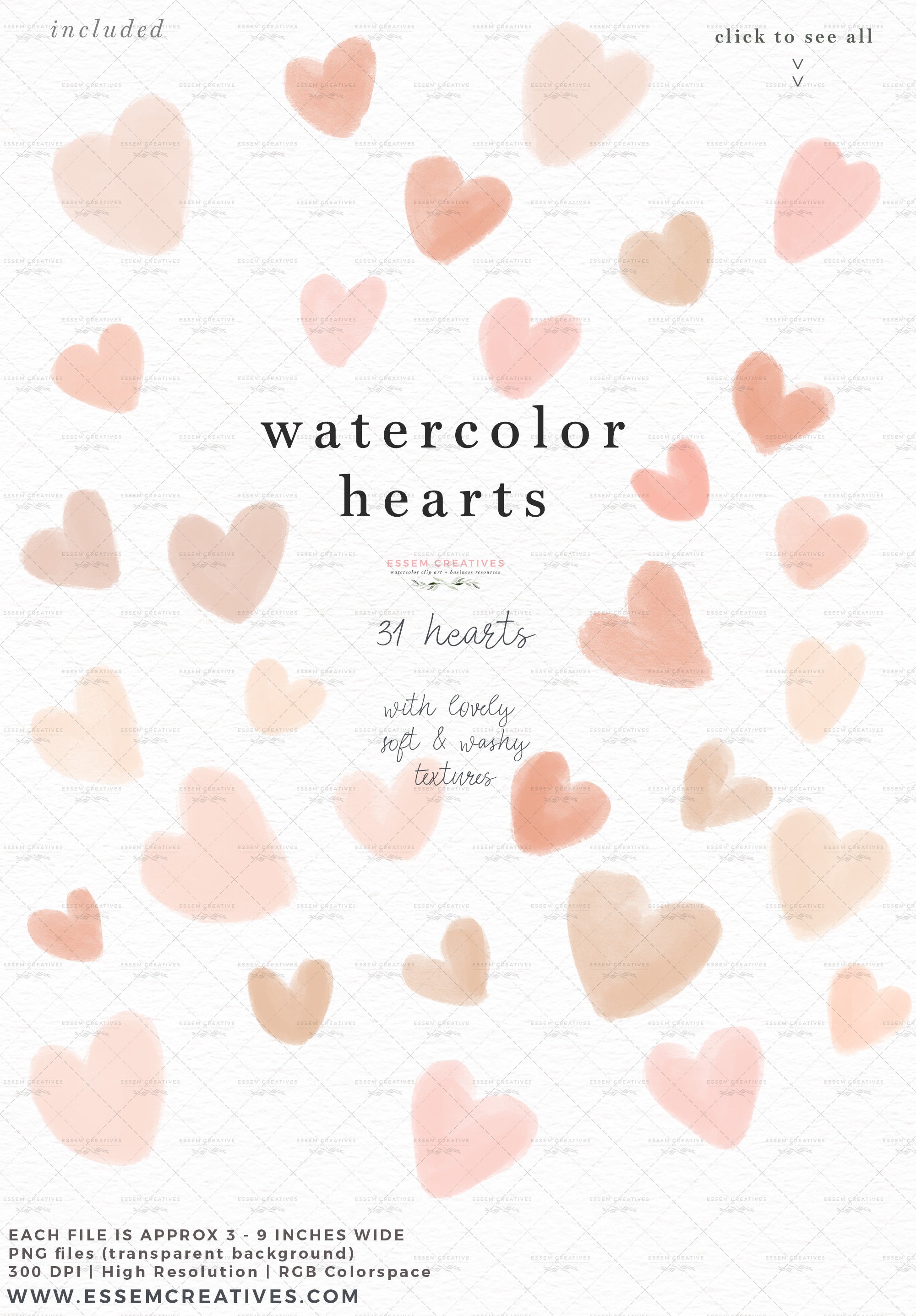 Watercolor Hearts Clipart PNG Valentines Day Clipart | Etsy
