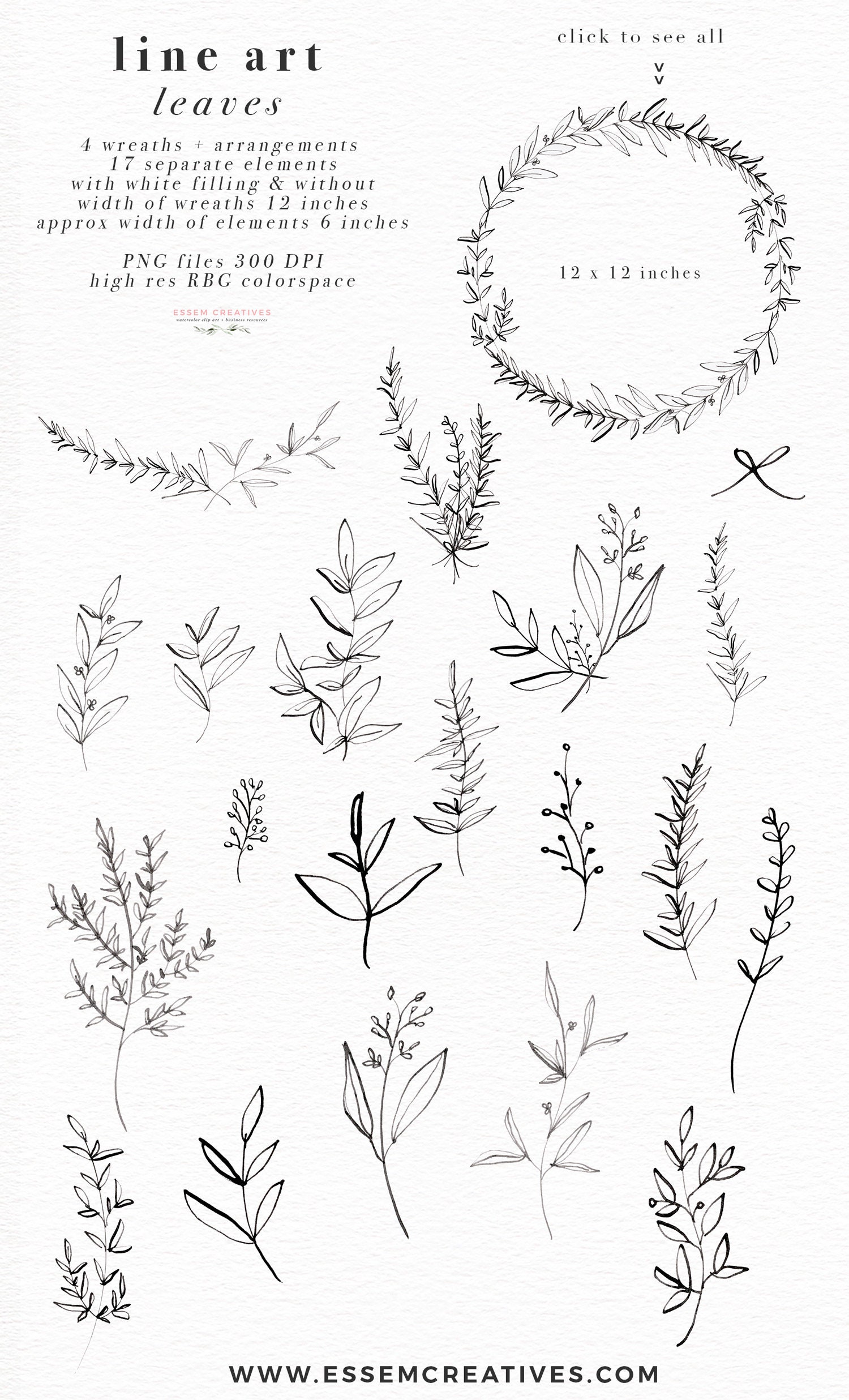 Line Art Leaves Clipart Illustration Botanical Greenery - Etsy