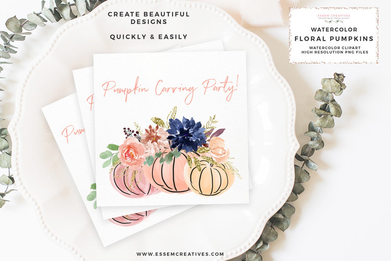 Floral Pumpkin Clipart, Watercolor Pumpkin Vase, Fall Flower Borders ...