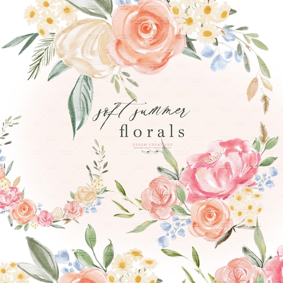 Summer Floral Wreath Clipart Boho Watercolor Flower Clip Art | Etsy