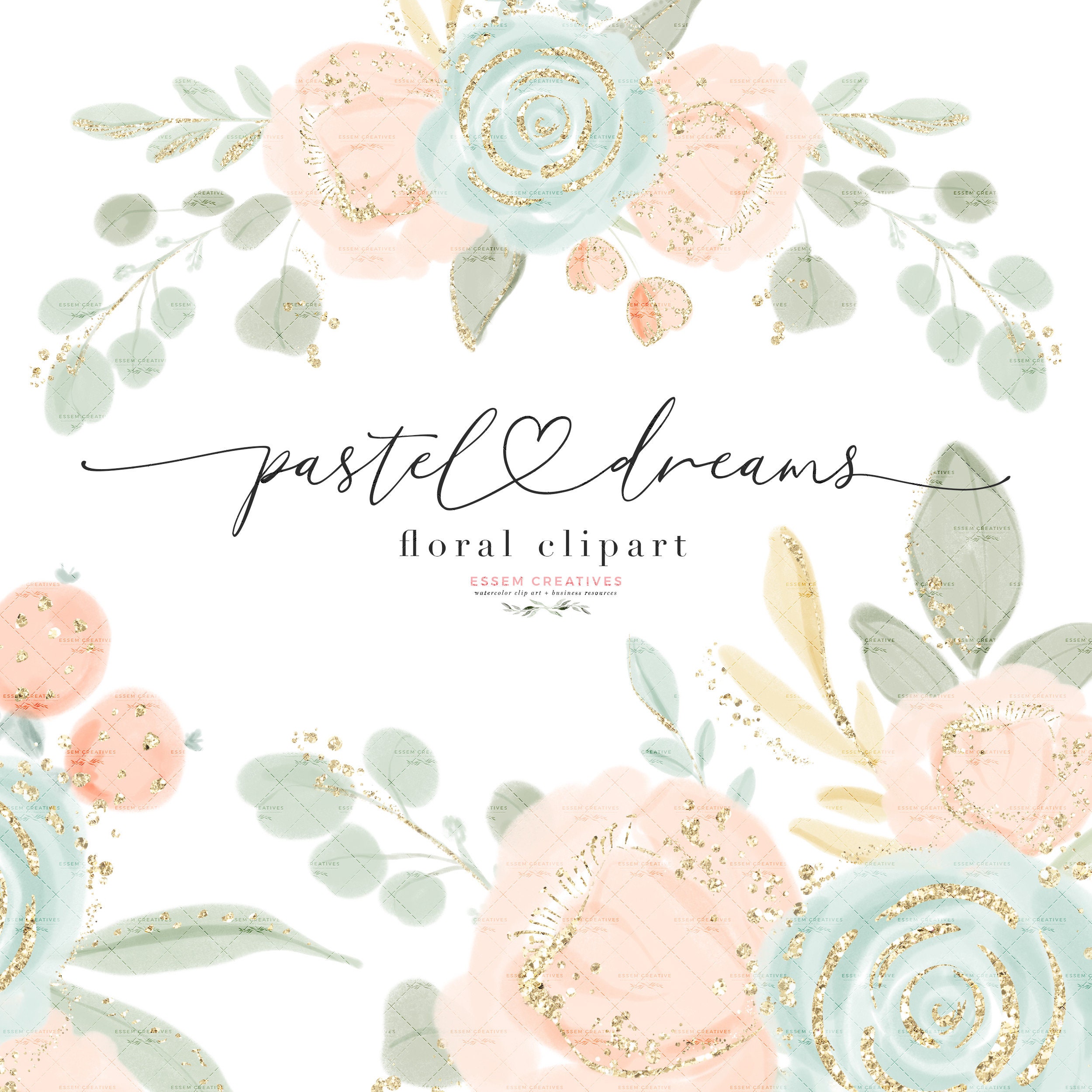 Pastel Flowers Clipart Peach Mint Green Floral Watercolor - Etsy