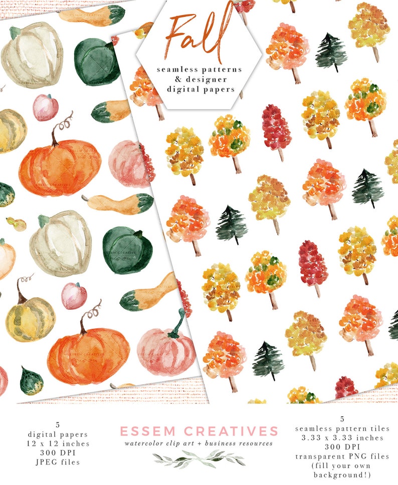 Pumpkin Fall Leaves Digital Paper Pack Watercolor Autumn - Etsy