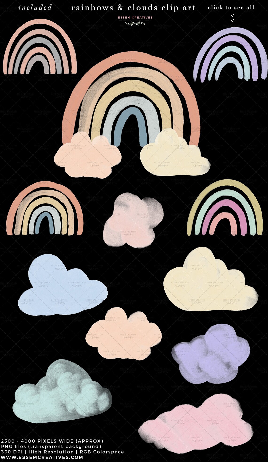 Boho rainbow and clouds clip art for baby shower invitations | Etsy