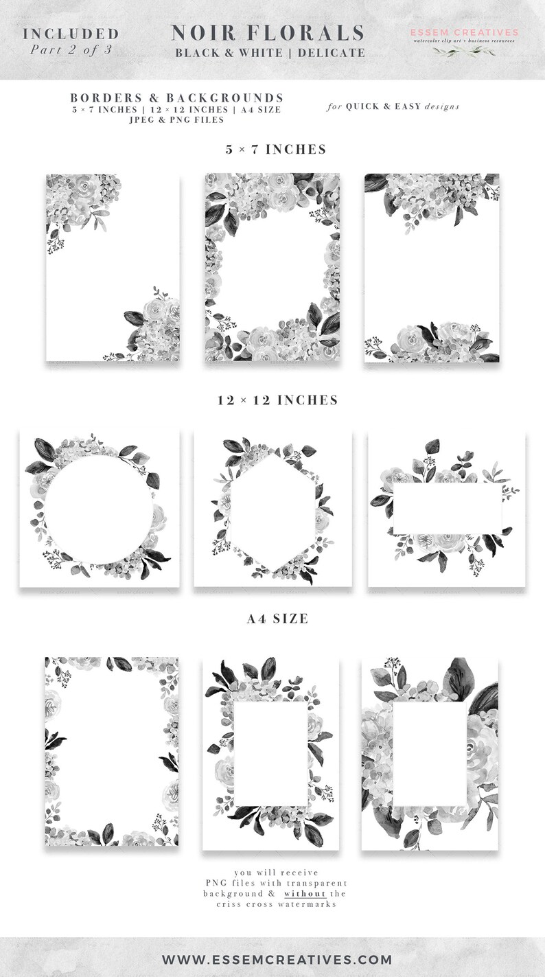 Black and White Floral Watercolor Clipart Floral Border | Etsy