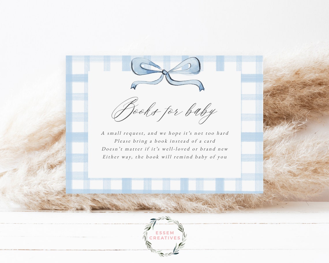Editable Baby Blue Boy Baby Shower Books for Baby Card, Gingham Bow ...