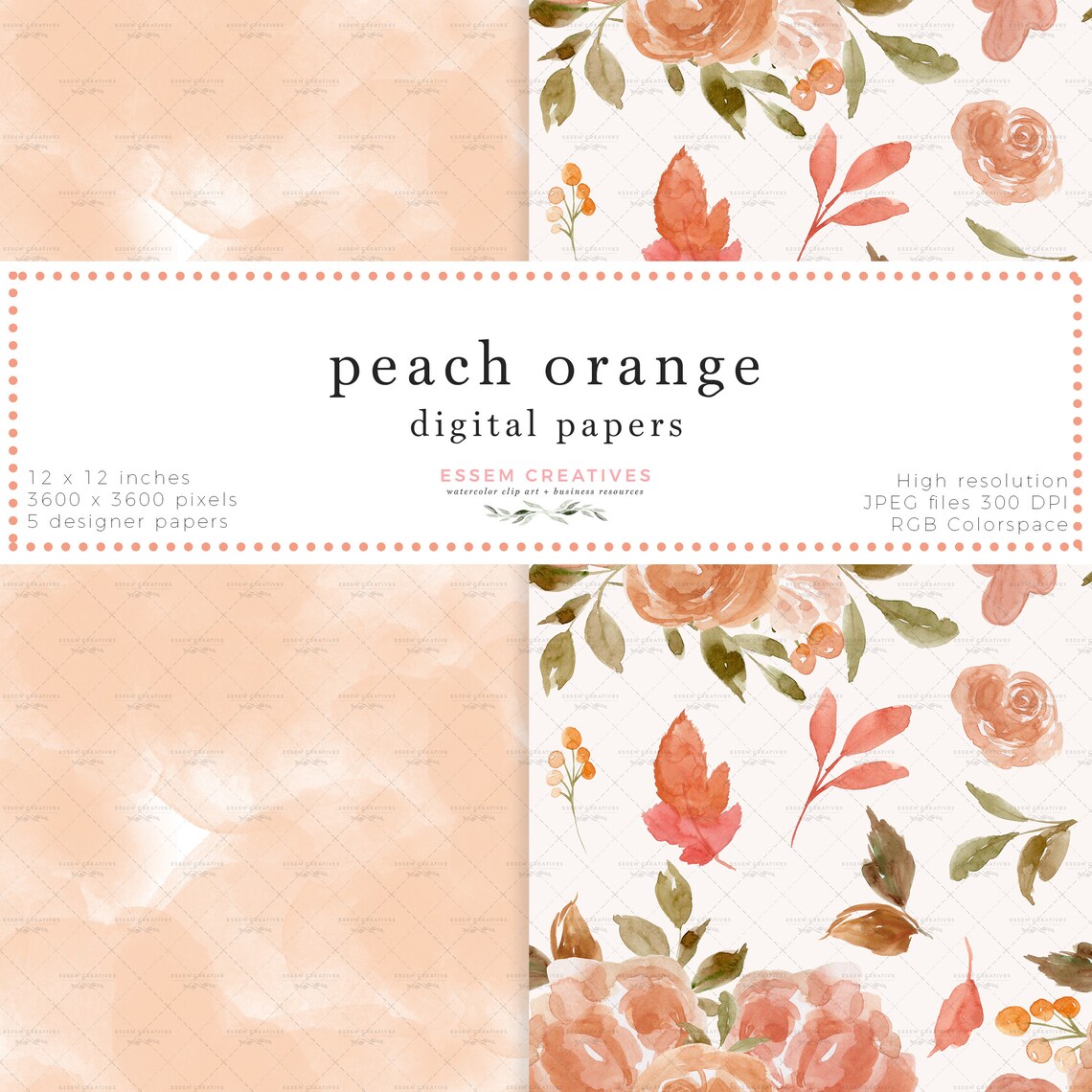 Peach Orange Floral Digital Paper Seamless Repeat Patterns | Etsy