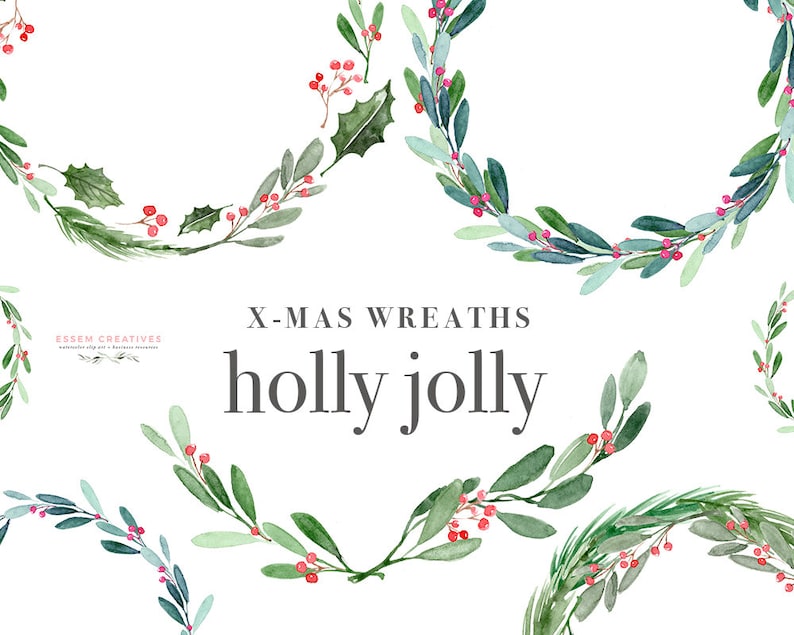 Christmas Wreath Clipart Holly Jolly Clip Art Watercolor - Etsy India