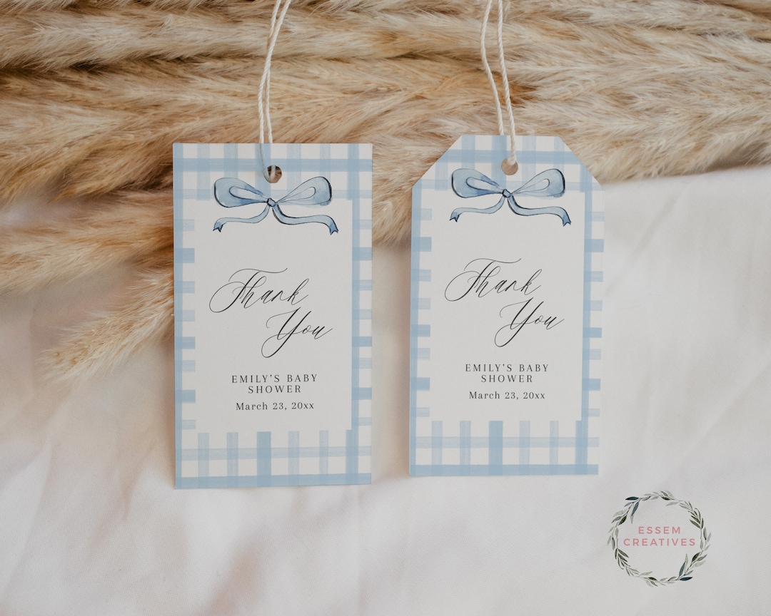 Editable Baby Blue Boy Baby Shower Favor Tag Template, Gingham Bow ...