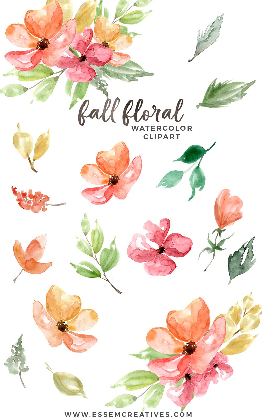 Fall Floral Clipart Watercolor Autumn Clipart Orange Flower - Etsy