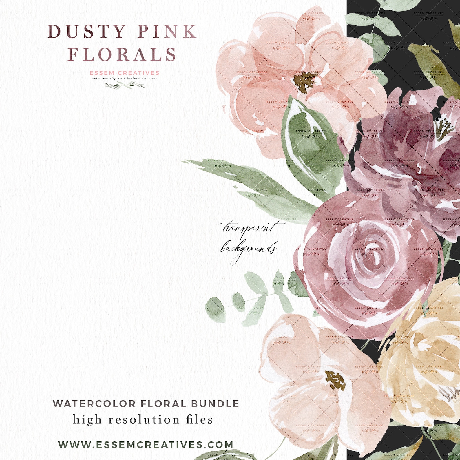 Watercolor Flowers Clipart in Dusty Pink Cream and Mauve. Creative ...