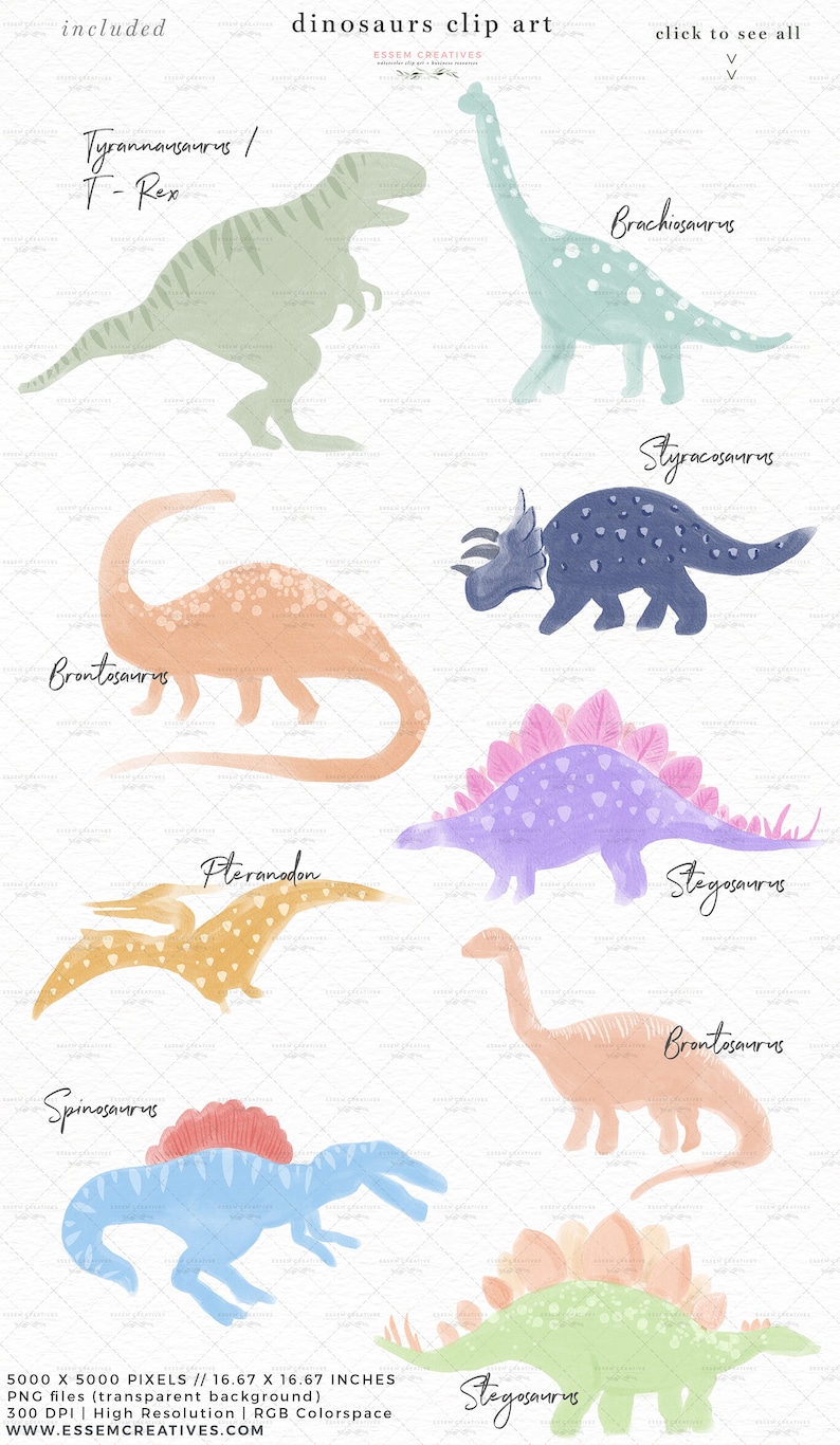 Watercolor Dinosaurs Clip Art T-rex Tyrannausaurus Dino - Etsy