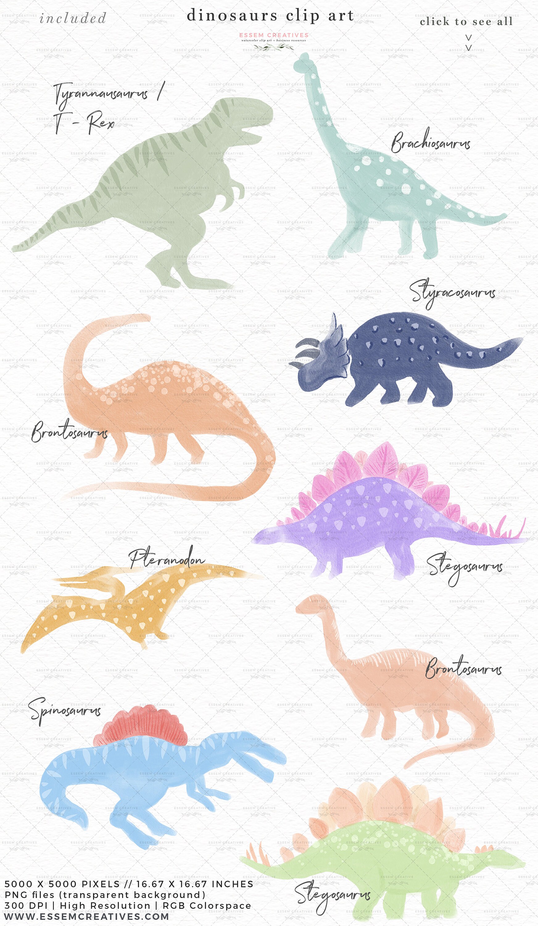 Watercolor Dinosaurs Clip Art T-rex Tyrannausaurus Dino - Etsy