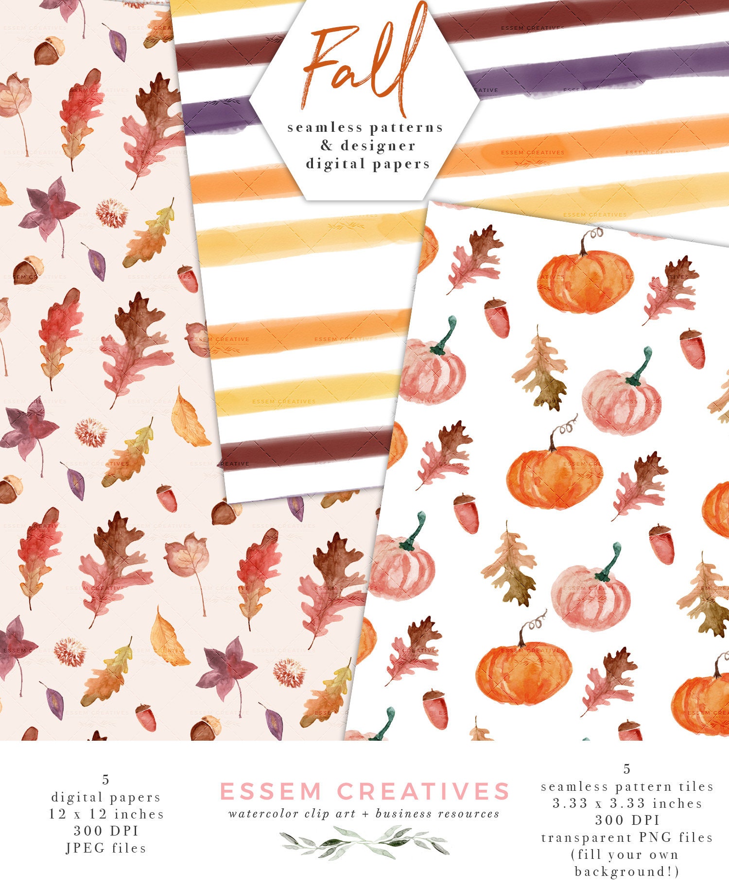 Pumpkin Fall Leaves Digital Paper Pack Watercolor Autumn | Etsy