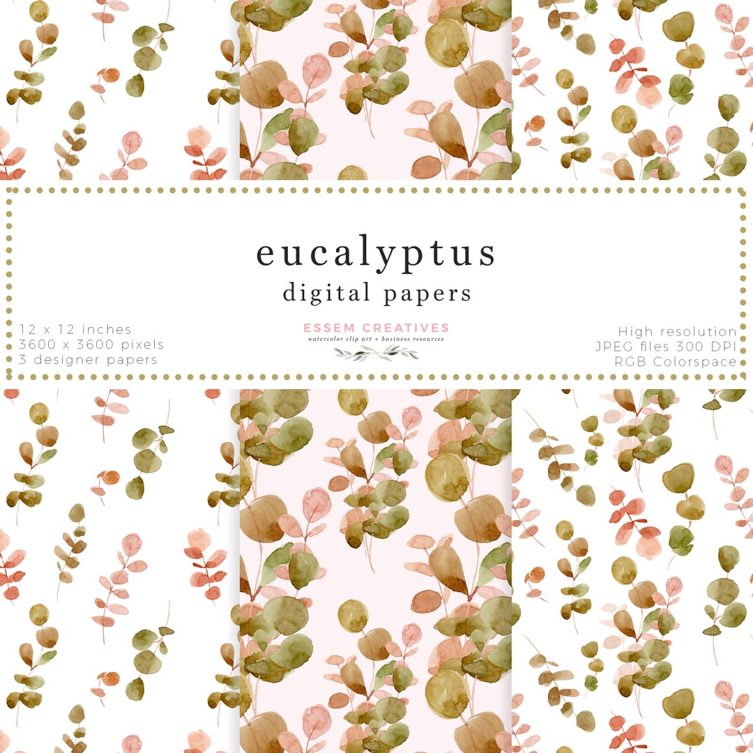 Watercolor Eucalyptus Digital Paper Seamless Repeat Patterns, Floral ...