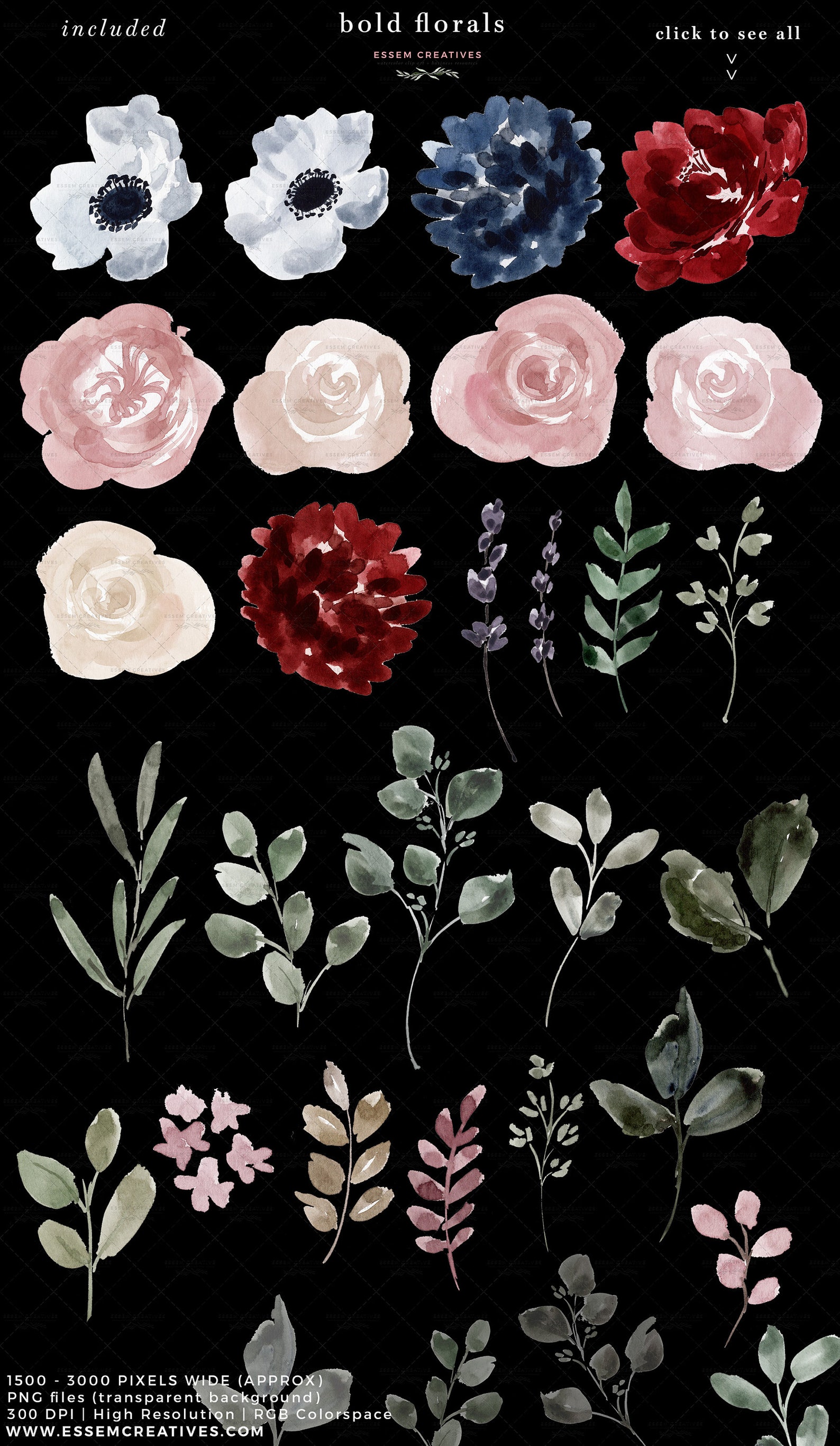 Watercolor Flowers Clipart in Navy Blue Deep Red and White. - Etsy