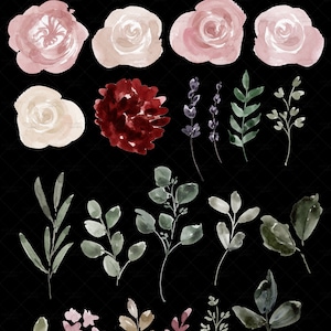 Watercolor Flowers Clipart in Navy Blue Deep Red and White. Floral ...