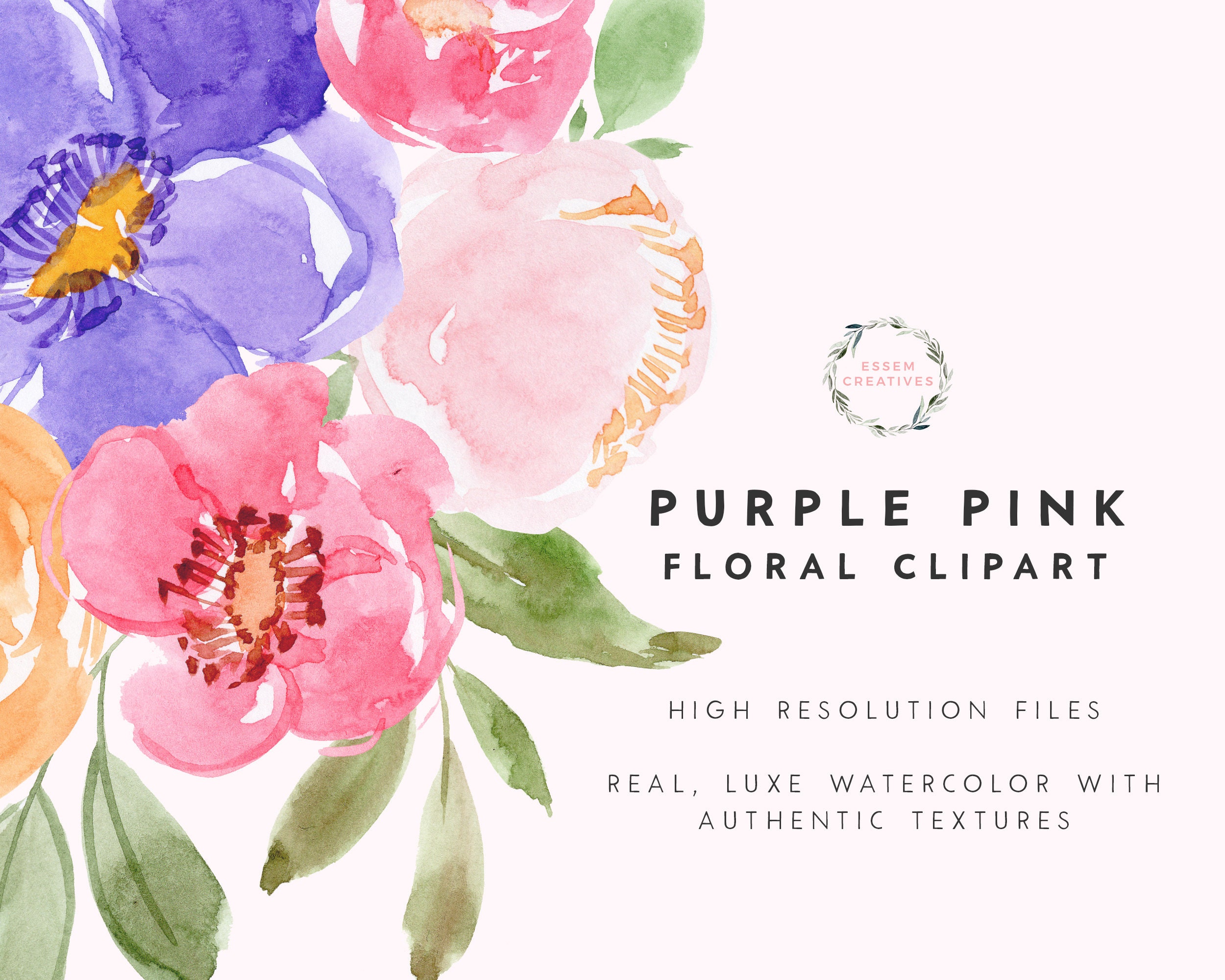 Purple Pink Orange Watercolor Flower Clipart, Floral Sublimation PNG ...