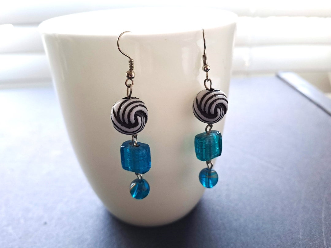 Black and White Swirl Bead With Blue Square Glass Bead, and Blue Round ...