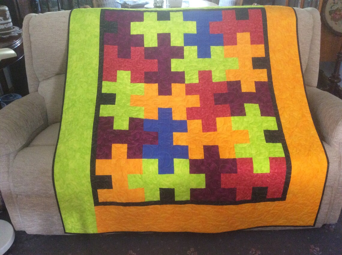 Jigsaw Quilt.patchwork Quilt.handmade Bright Quilt.jig Saw | Etsy