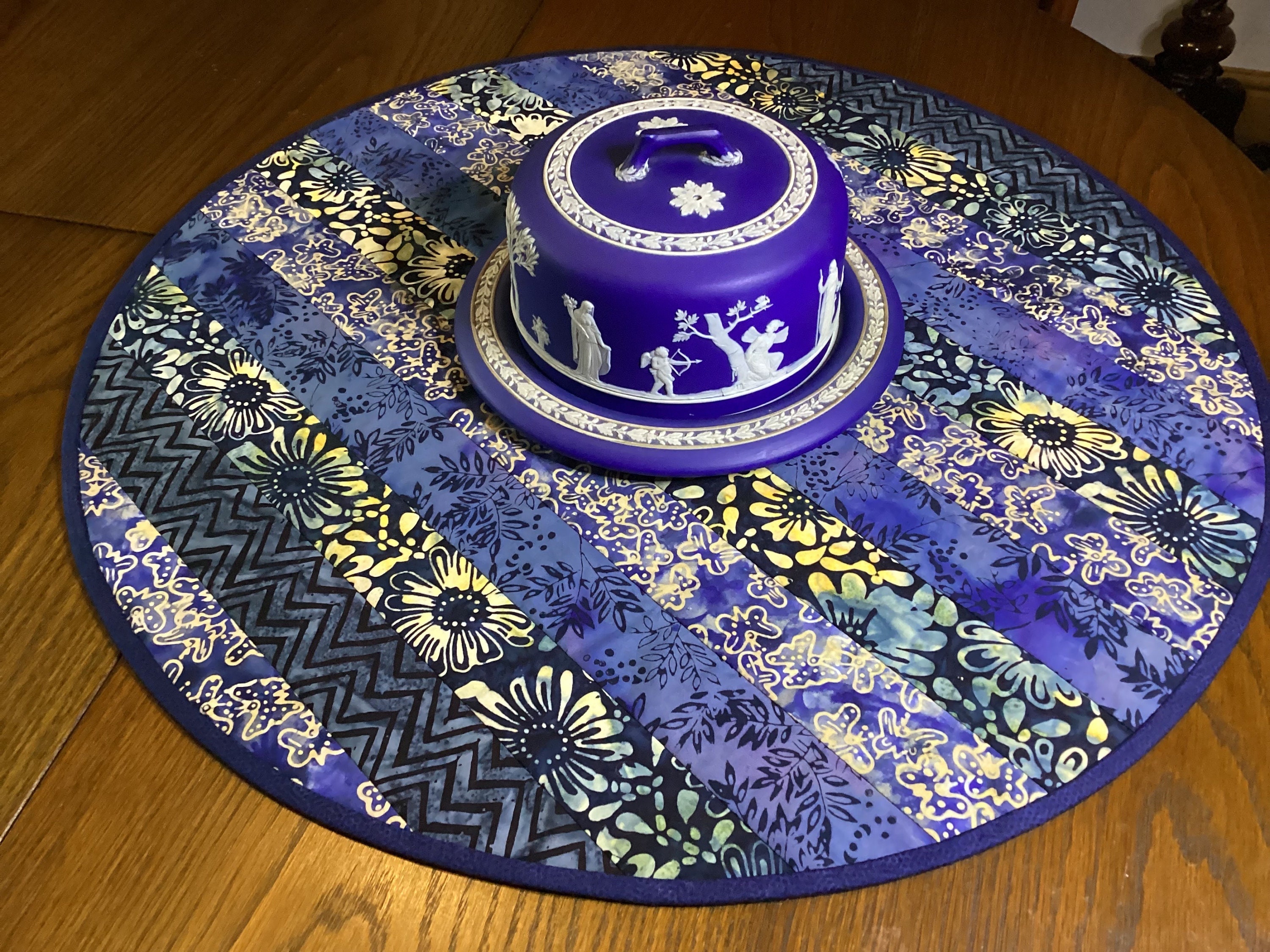 Blue Batik 24.75 Round Table Topper. Quilted Table Topper. Handmade. Reversible Mat. One of A ...