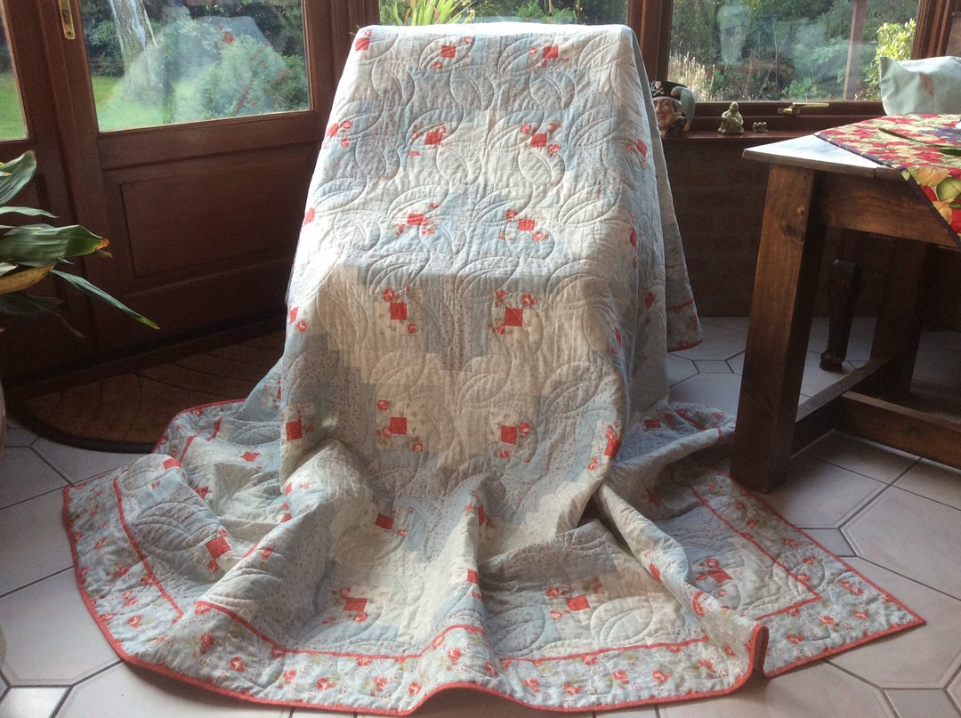Log Cabin Blue Flower Quilt. Handmade. Unique. Wedding Quilt. Patchwork ...