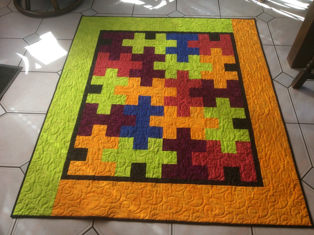 Jigsaw Quilt.patchwork Quilt.handmade Bright Quilt.jig Saw Quilt. Scrap ...