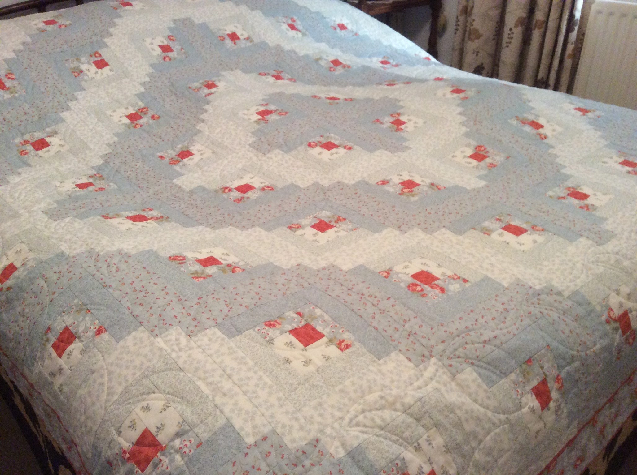 Log Cabin Blue Flower Quilt. Handmade. Unique. Wedding Quilt. | Etsy