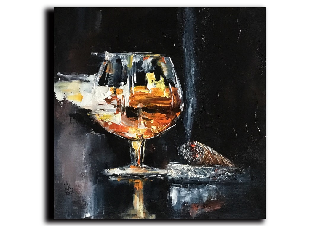 Glass of Cognac and Cigar Small Painting Wall Art Canvas Oil Miniature ...