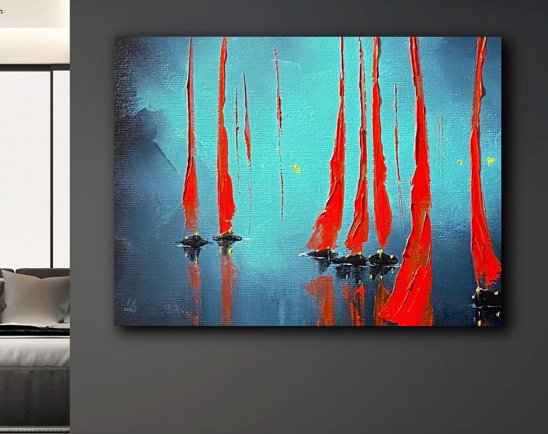 Dawn at Sea Commission Art Red Sails Painting to Order Contemporary ...