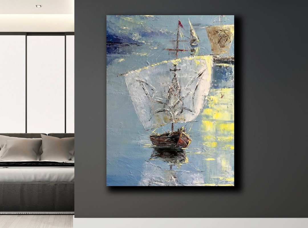 Ukrainian Old Warship Original Oil Painting Cossacks Czajka Sailing ...