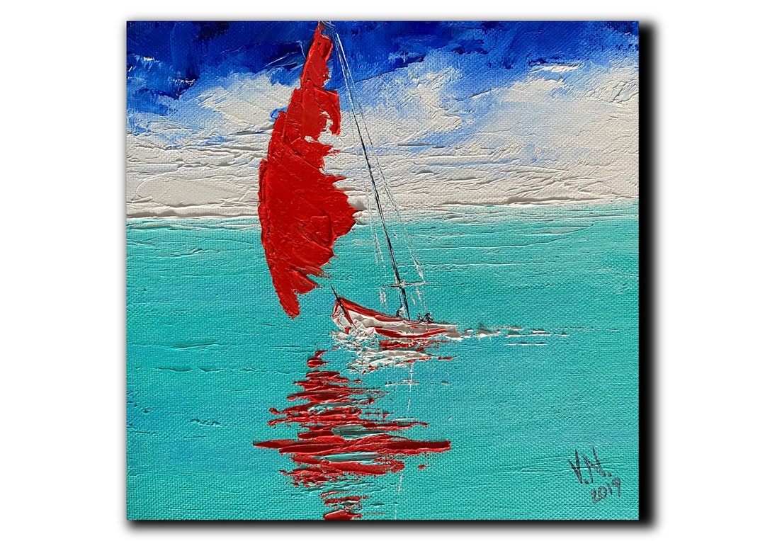 Red Sailboat Painting Small Art Work for Friends Male Oil Seascape Mini ...