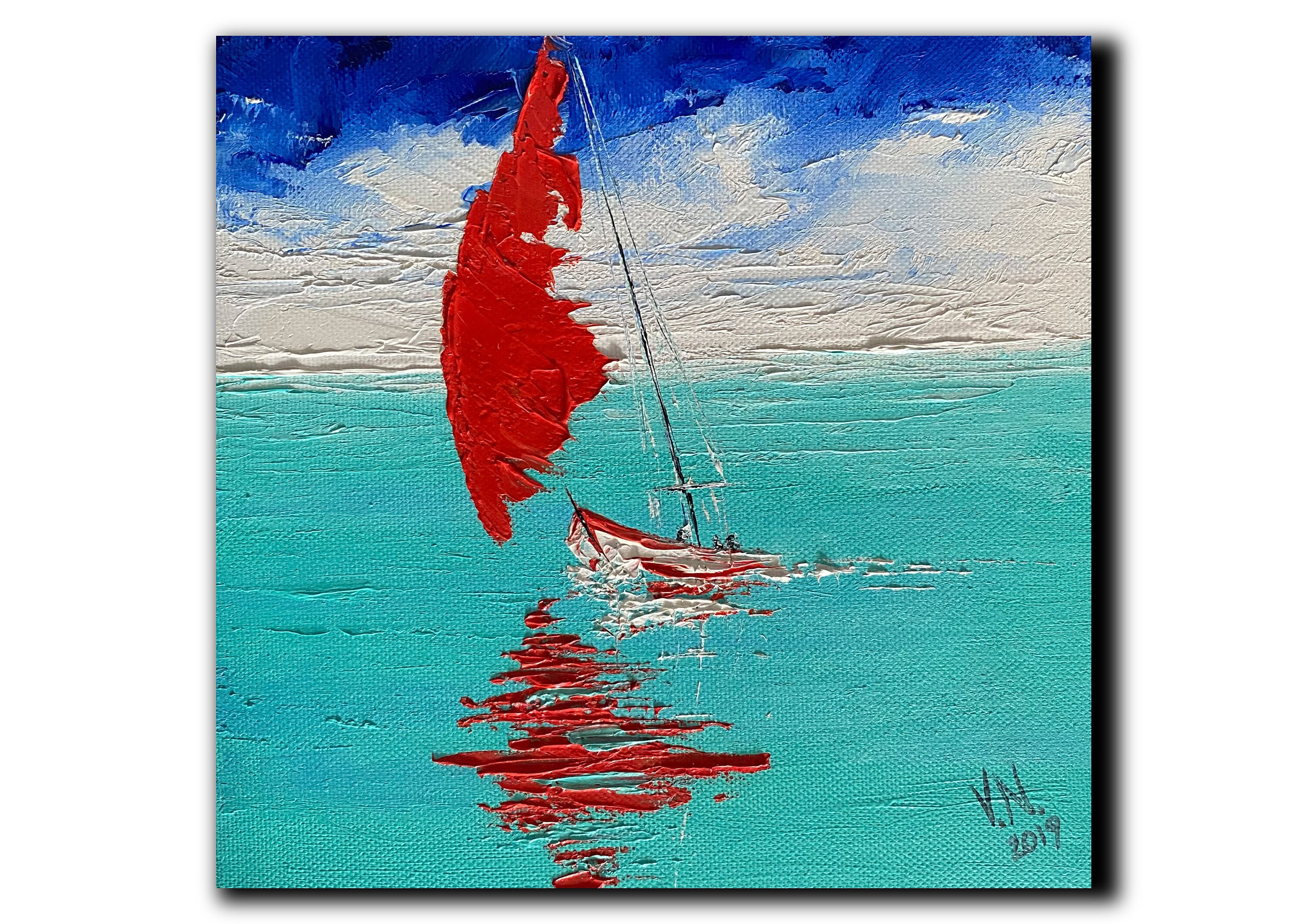 Red Sailboat Painting Small Art Work for Friends Male Oil Seascape Mini ...