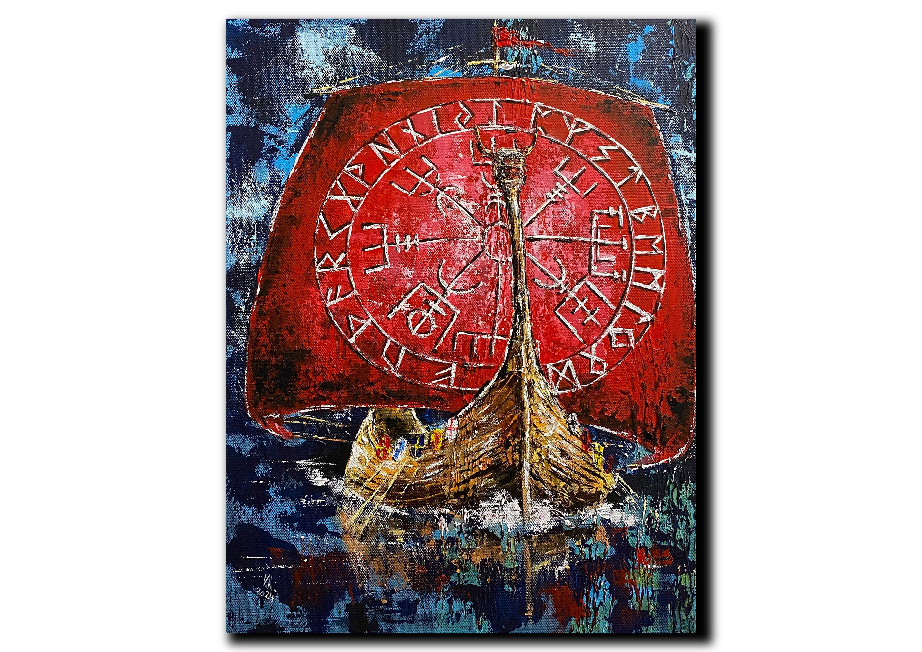 Vegvisir and Drakkar Original Oil Painting Viking Compass Art Helm of ...