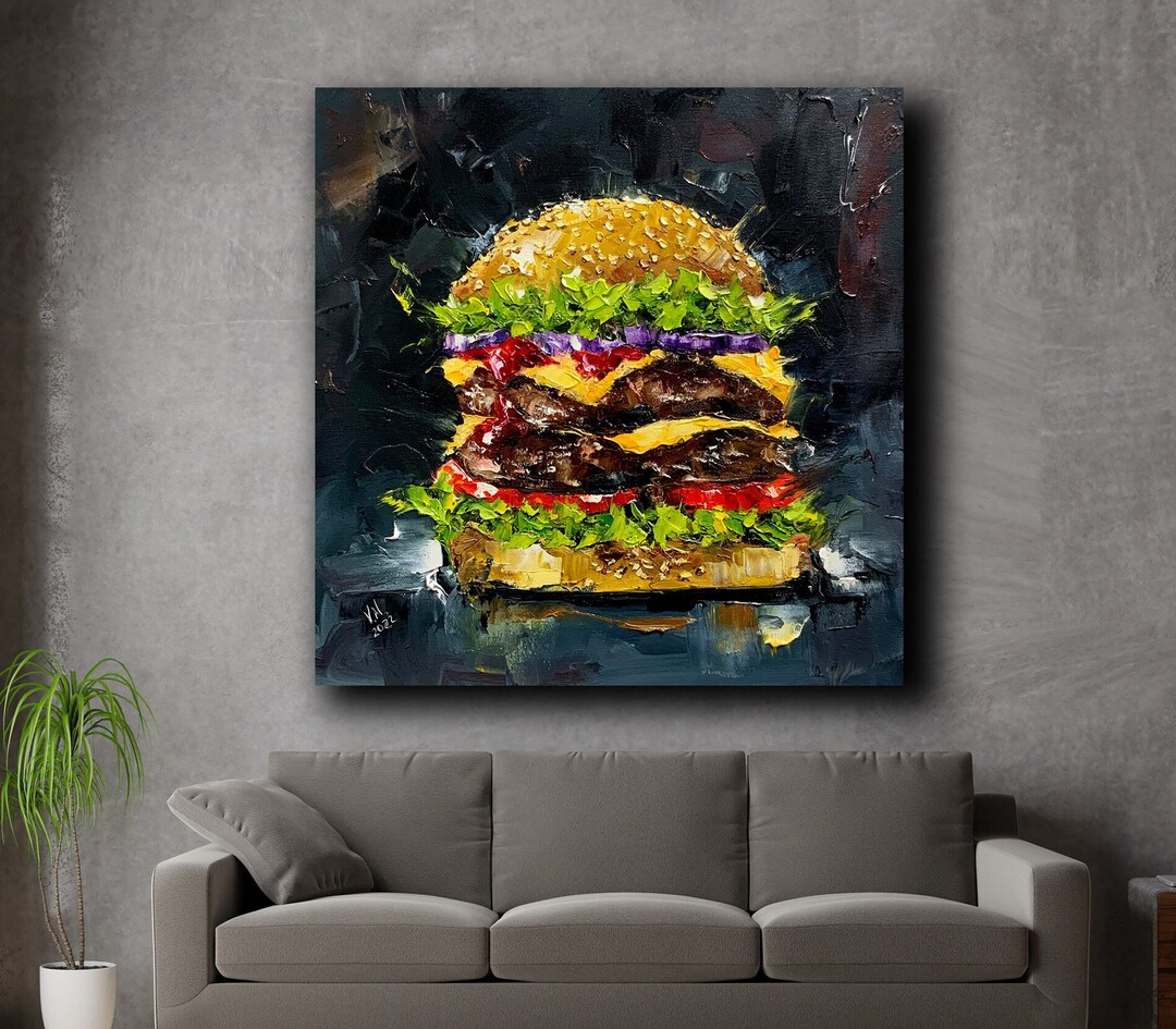 Burger Painting for Kitchen Decor Cheeseburger Fine Oil Art for Cafe or ...